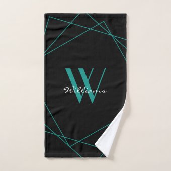 Modern Black Teal Monogram Geometric Name Script Bath Towel Set | Zazzle