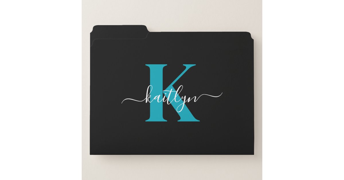 Modern Black Teal Script Monogram File Folder | Zazzle