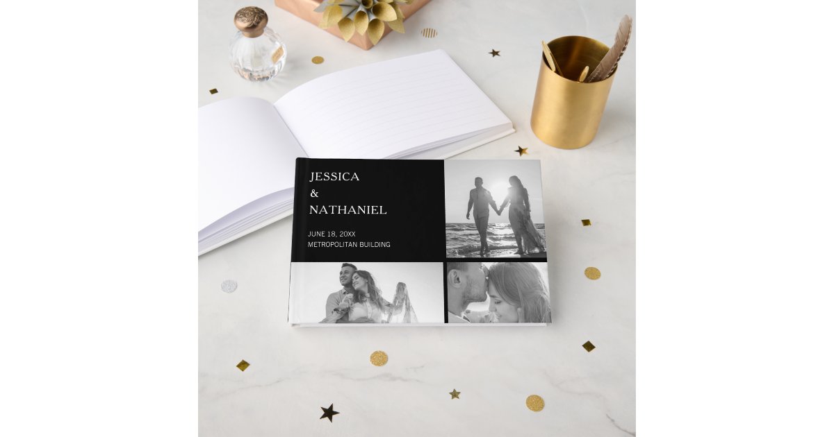 Modern Black Three Photo Collage Wedding Guest Book | Zazzle