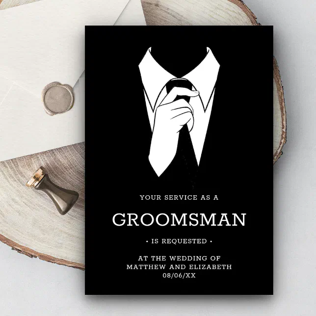 Modern Black Tuxedo Groomsman Request Invitation | Zazzle