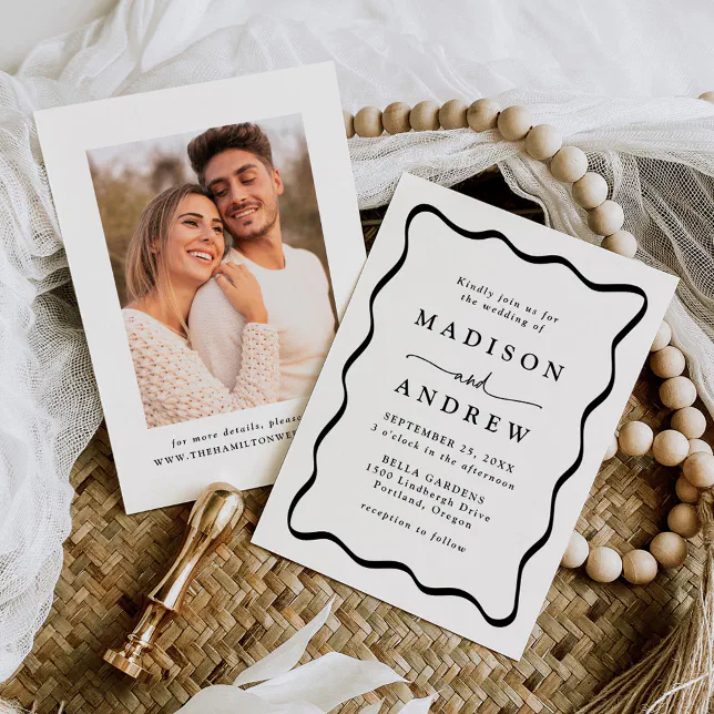 Modern Black Wavy Frame Photo Wedding Invitation | Zazzle