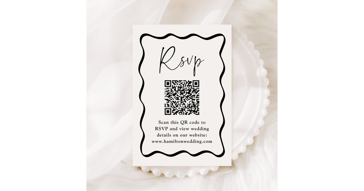 Modern Black Wavy Frame QR Code Wedding RSVP Enclosure Card | Zazzle