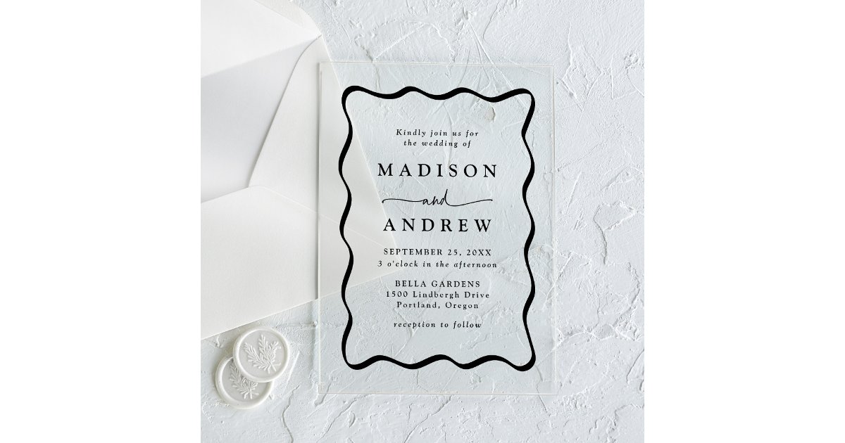Modern Black Wavy Frame Wedding Acrylic Invitations | Zazzle