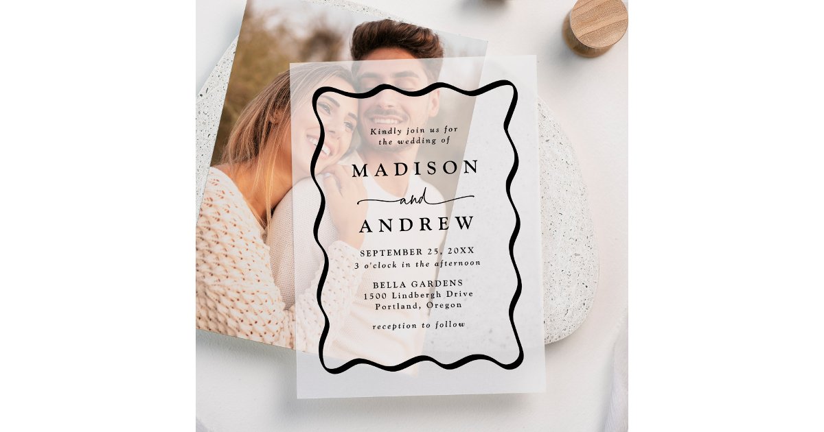 Modern Black Wavy Frame Wedding Vellum Invitations | Zazzle
