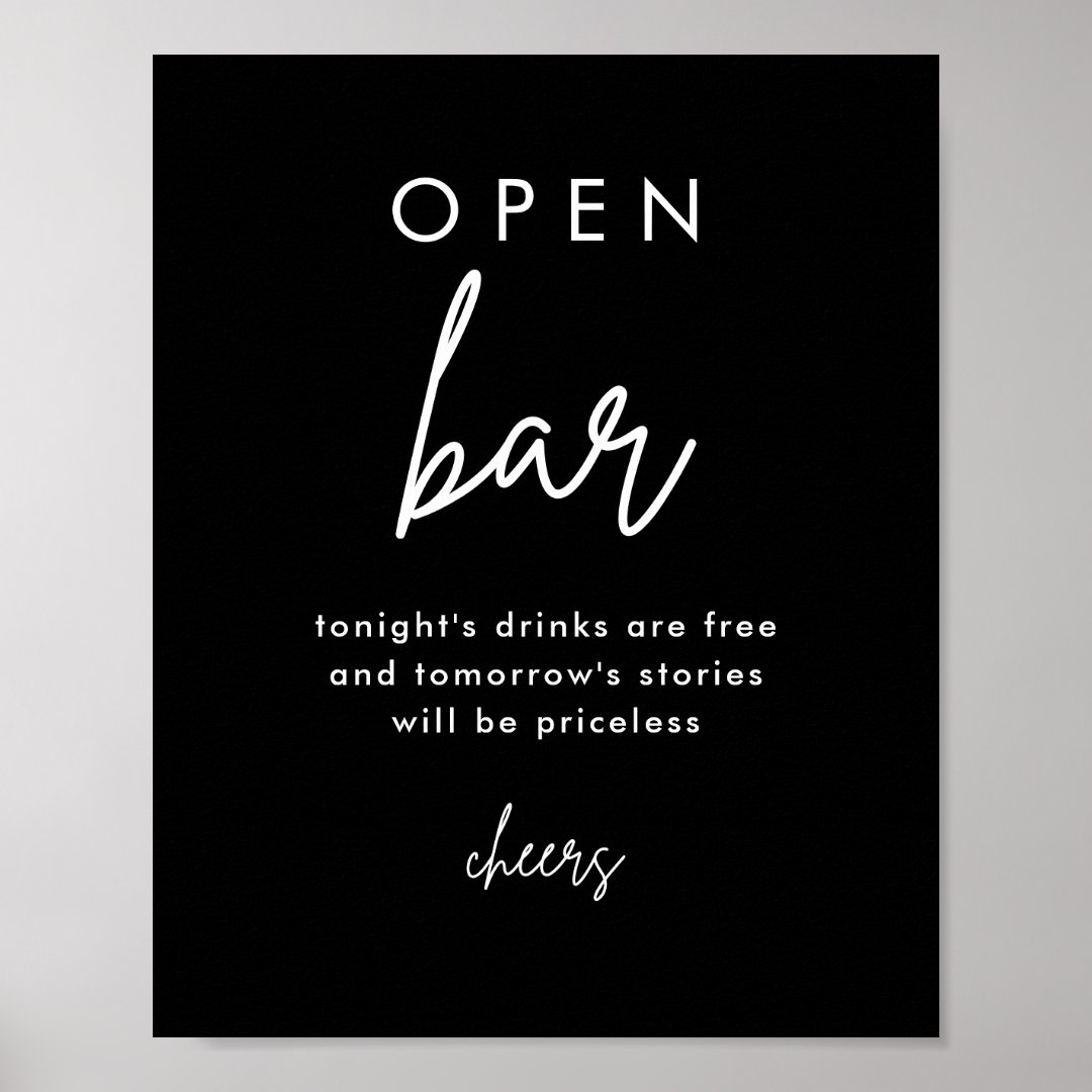 Modern Black Wedding Open Bar Table Sign Poster | Zazzle