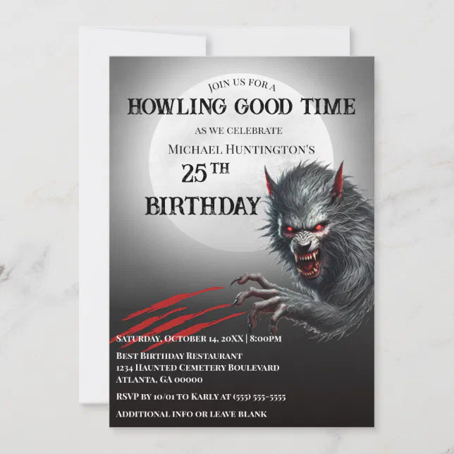 Modern Black Werewolf Any Age Birthday Party Invitation | Zazzle