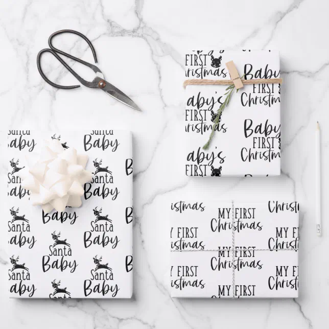 Modern Black & White Baby First Christmas Gift Wrapping Paper Sheets ...