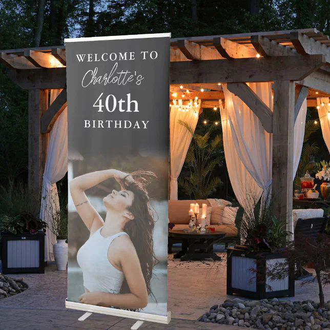 Modern Black White Birthday Party Photo Welcome Retractable Banner | Zazzle