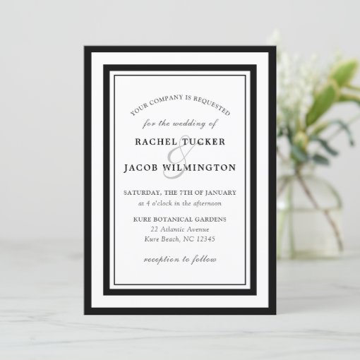 Modern Black White Border Simple Wedding Invitation | Zazzle