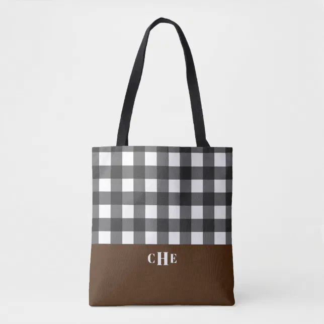 Modern Black White Buffalo Plaid with Monogram Tote Bag | Zazzle