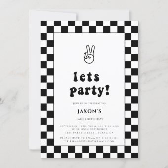 Modern black & white checkerd lets party birthday invitation | Zazzle