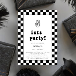 Modern black & white checkerd lets party birthday invitation | Zazzle