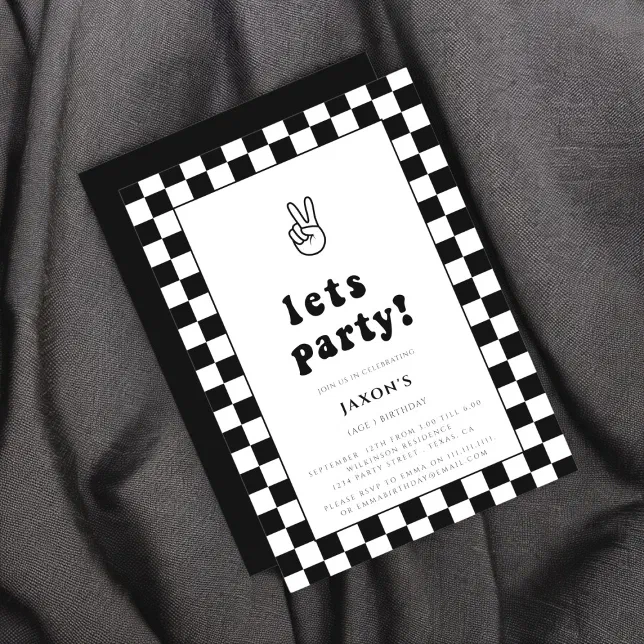Modern black & white checkerd lets party birthday invitation | Zazzle