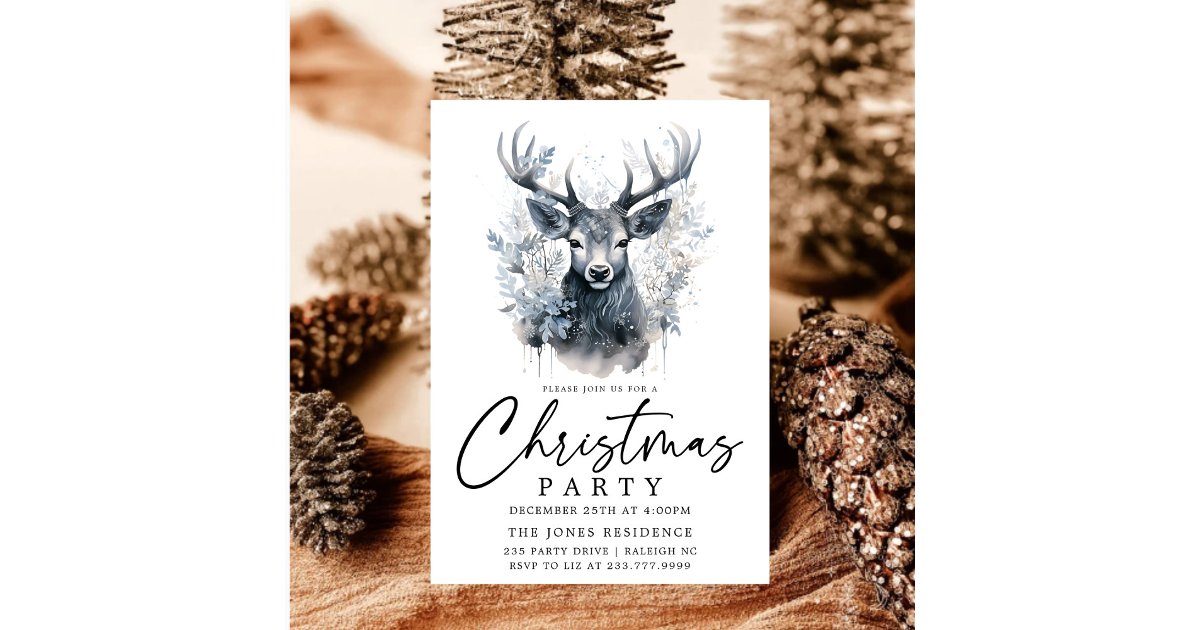 Modern Black & White Christmas Reindeer Party Invitation | Zazzle