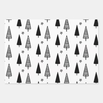 Modern Black & White Christmas Trees Stars Wrapping Paper Sheets | Zazzle
