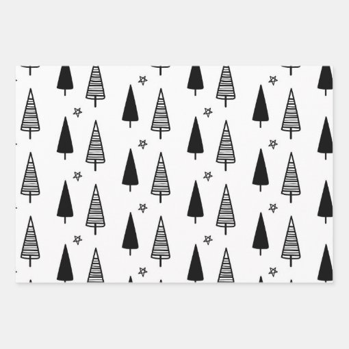 Modern Black & White Christmas Trees Stars Wrapping Paper Sheets | Zazzle