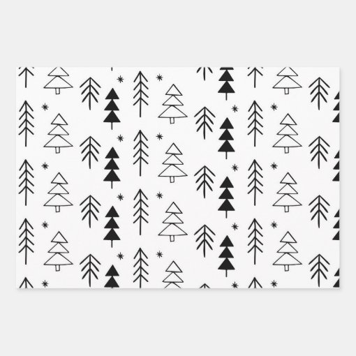 Modern Black & White Christmas Trees Stars Wrapping Paper Sheets | Zazzle