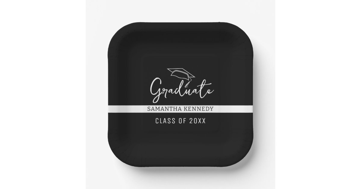 Modern Black & White Class of 2025 Grad Cap Paper Plates | Zazzle