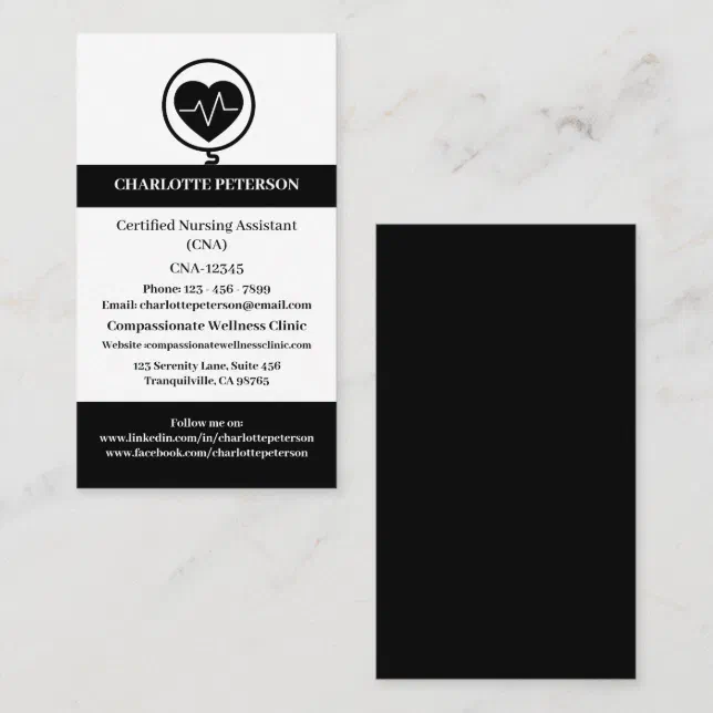 Modern Black & White CNA Nurse Business Card | Zazzle