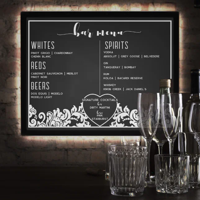 Modern Black & White Elegant Bar Menu For Wedding LED Sign | Zazzle