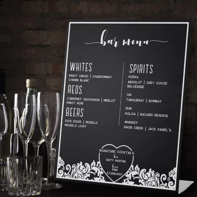 Modern Black & White Elegant Bar Menu For Wedding Pedestal Sign | Zazzle
