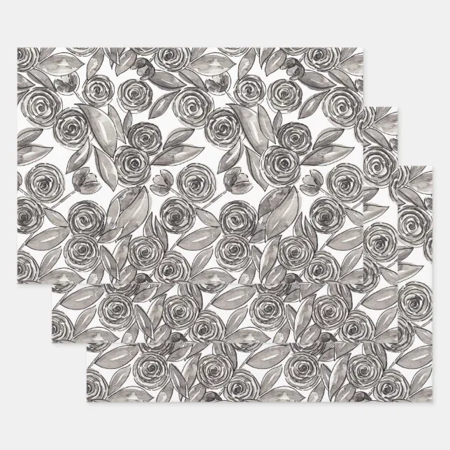 Modern Black White Floral Watercolor Pattern Wrapping Paper Sheets | Zazzle