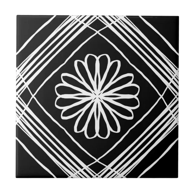 Modern Black White Flower Pattern Ceramic Tile | Zazzle