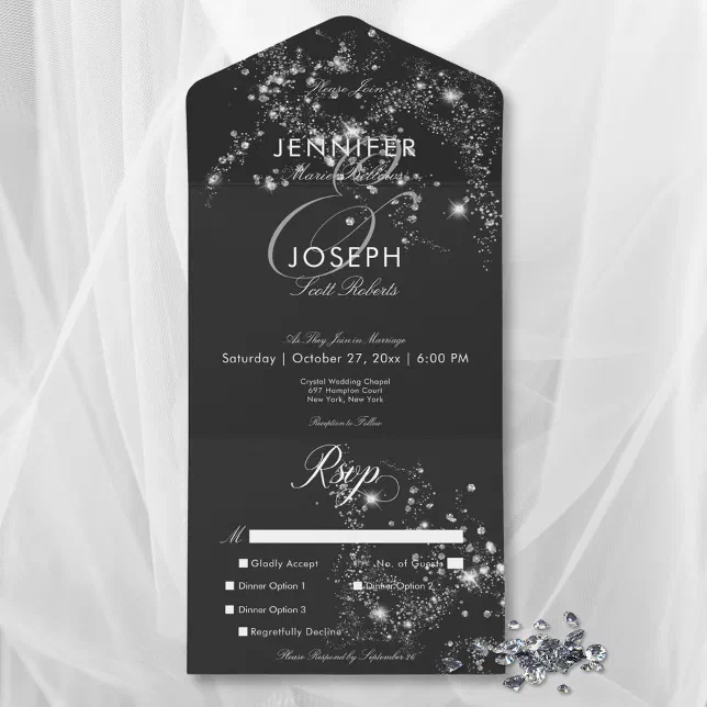 Modern Black & White Glam Diamonds Dinner All In One Invitation | Zazzle