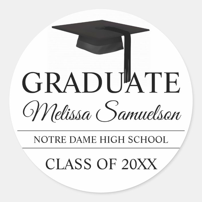Modern Black White GRADUATE Class Graduation Cap Classic Round Sticker ...