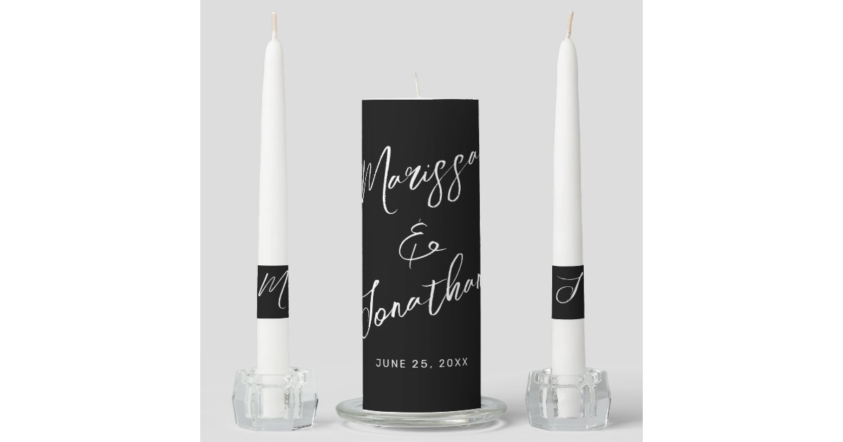 Modern Black White Hand Lettered Script Wedding Unity Candle Set | Zazzle
