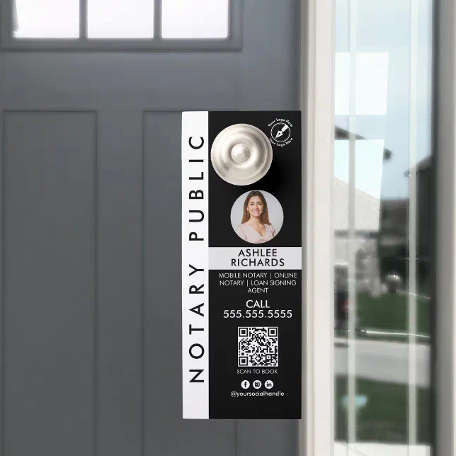 Modern Black & White Logo QR Code Notary Public Door Hanger | Zazzle