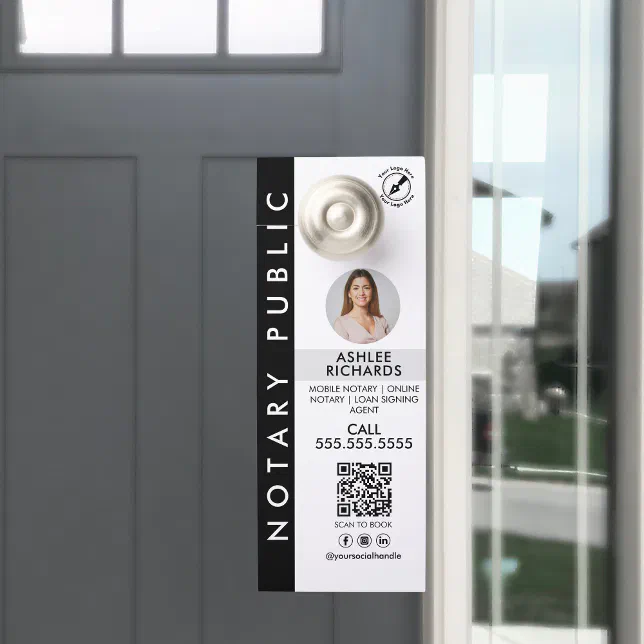 Modern Black & White Logo QR Code Notary Public Door Hanger | Zazzle