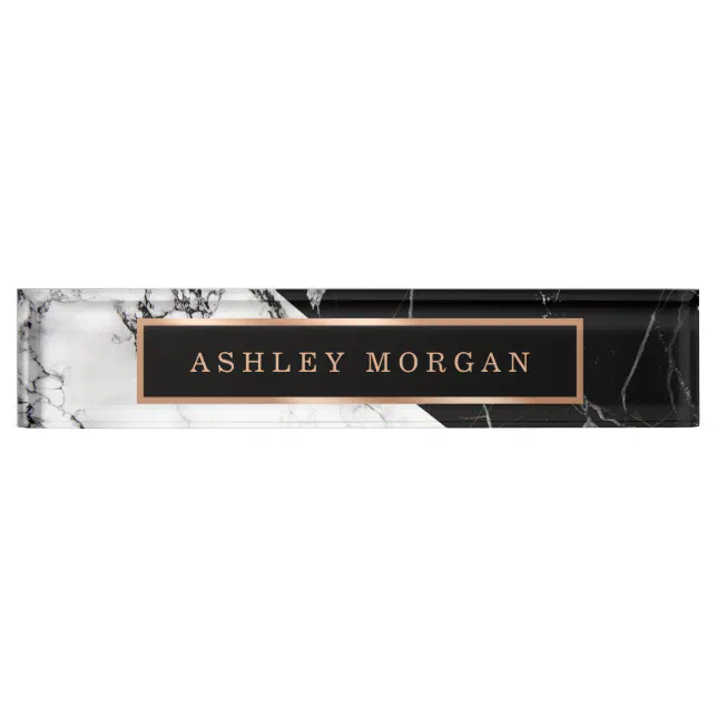 Modern Black White Marble Stone Texture Look Nameplate | Zazzle