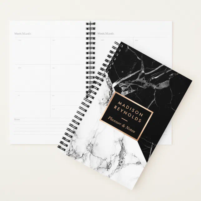 Modern Black White Marble Texture Designer Planner | Zazzle