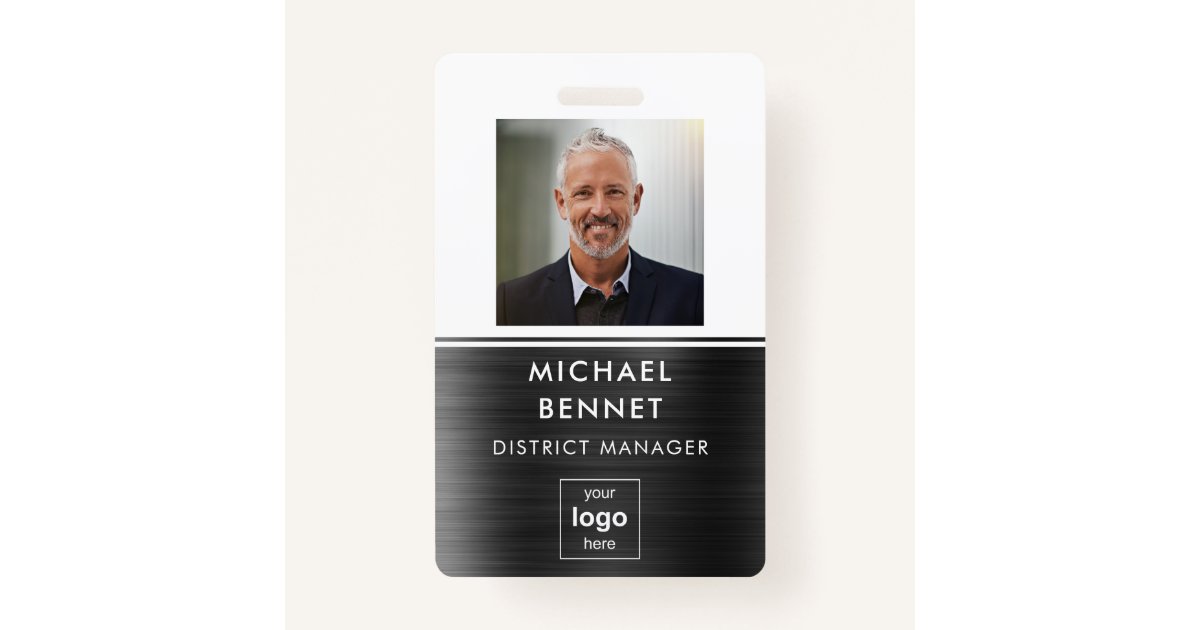 Modern Black White Metal Employee Photo ID Badge | Zazzle