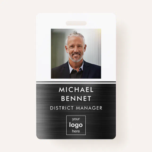 Modern Black White Metal Employee Photo ID Badge | Zazzle