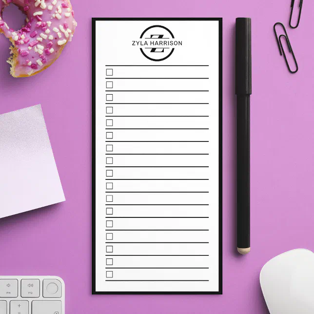 Modern Black White Monogram Name To Do List Magnetic Notepad | Zazzle