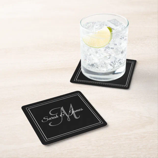 Modern Black & White Monogram Wedding Party Square Paper Coaster | Zazzle