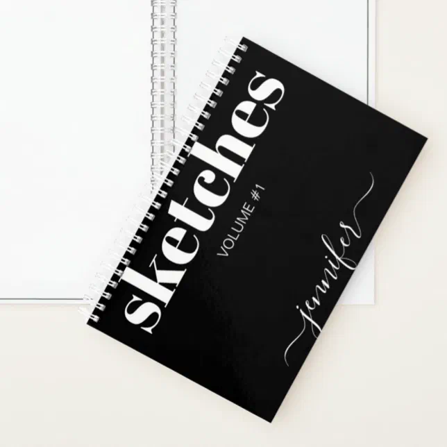 Modern Black White Personalized Sketchbook Name Notebook | Zazzle