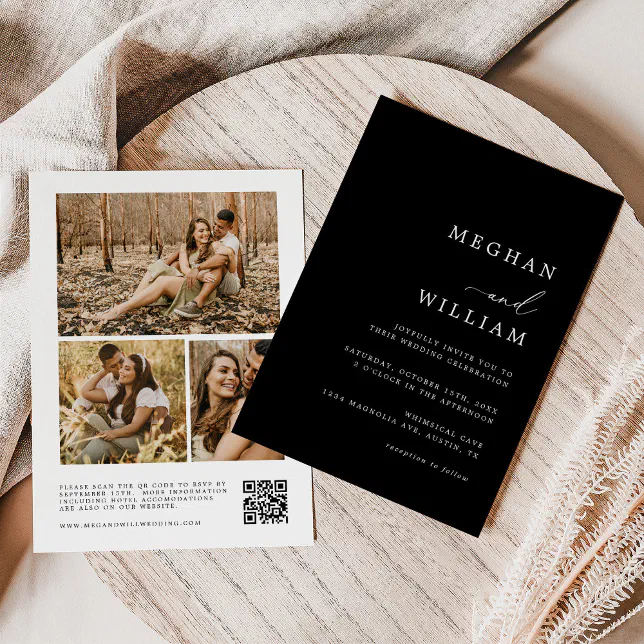 Modern Black & White Photo Collage QR Code Wedding Invitation | Zazzle