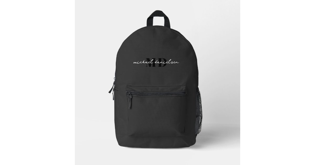 Modern Black & White Script Initial Monogram Printed Backpack | Zazzle