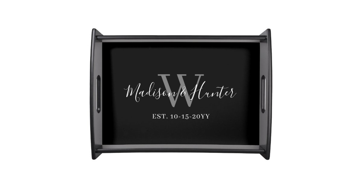 Modern Black White Script Monogram Newlyweds Serving Tray | Zazzle