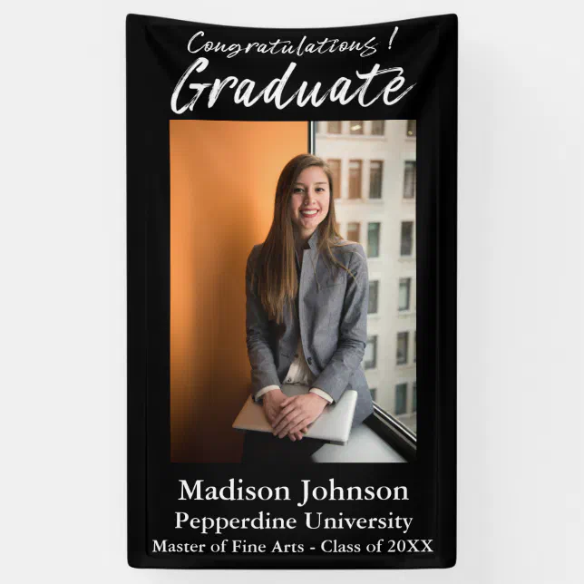 Modern Black White Script Vertical Photo Graduate Banner | Zazzle