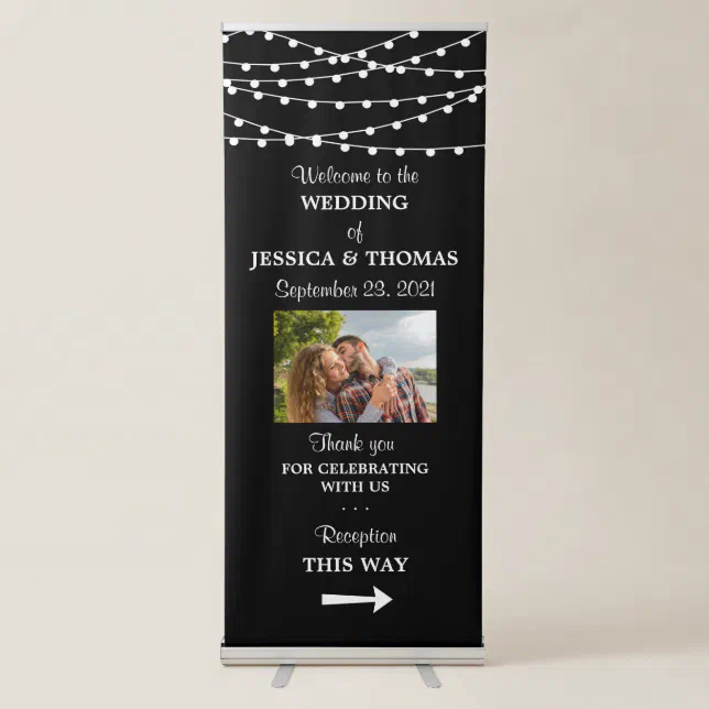 Modern Black & White String Lights Wedding Welcome Retractable Banner ...