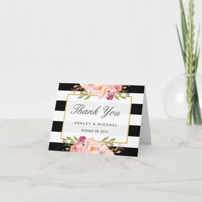 Modern Black White Stripes Classy Floral Thank You | Zazzle