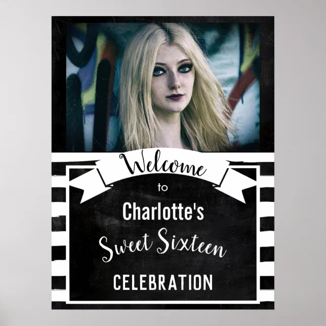 Modern Black White Stripes Photo Sweet 16 Birthday Poster | Zazzle