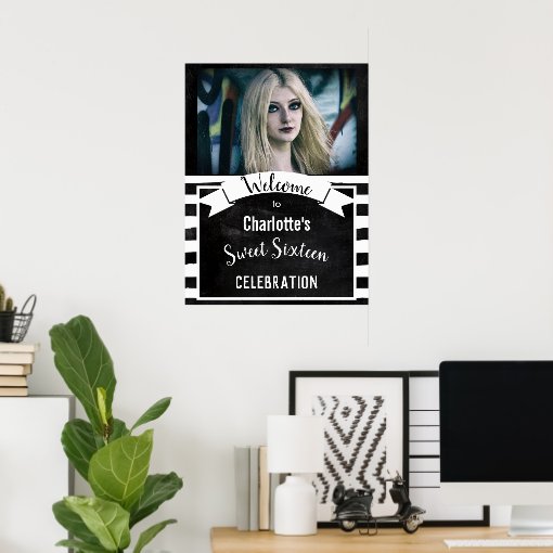 Modern Black White Stripes Photo Sweet 16 Birthday Poster | Zazzle