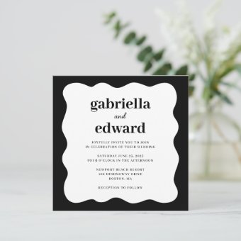 Modern Black White Wavy Border Wedding Invitation | Zazzle