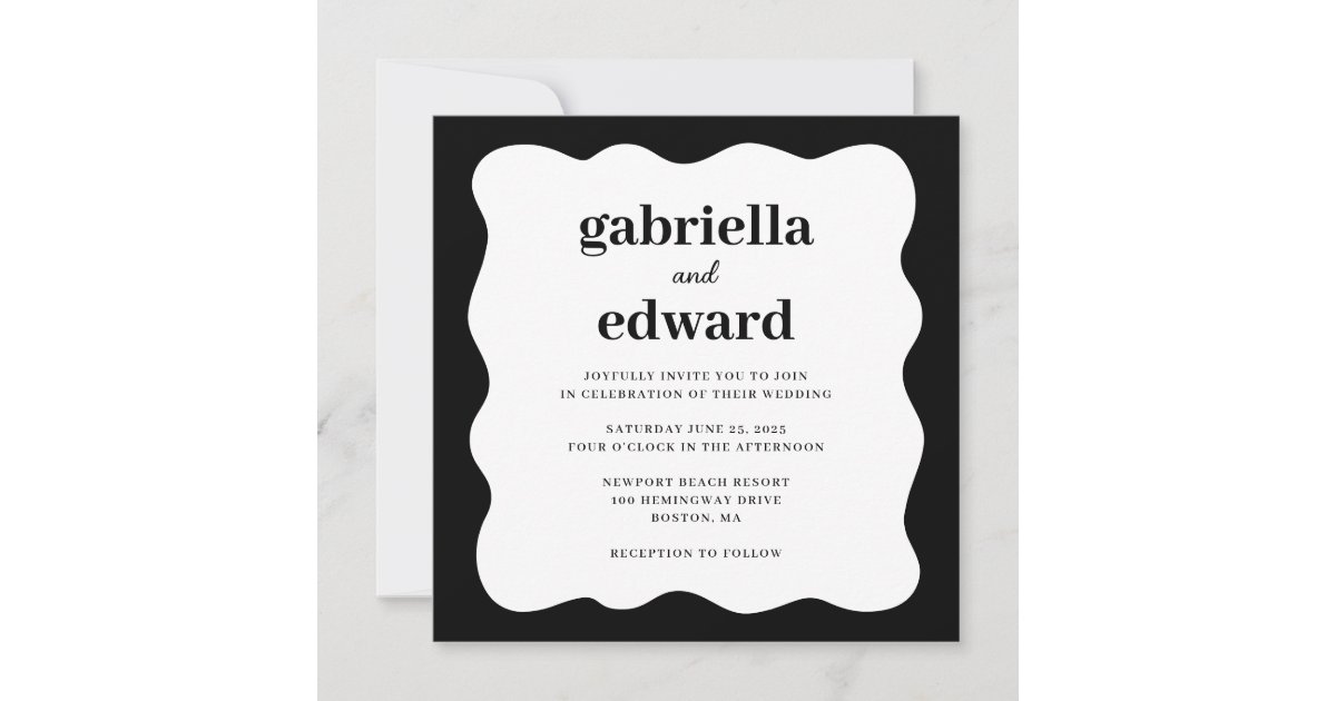 Modern Black White Wavy Border Wedding Invitation | Zazzle