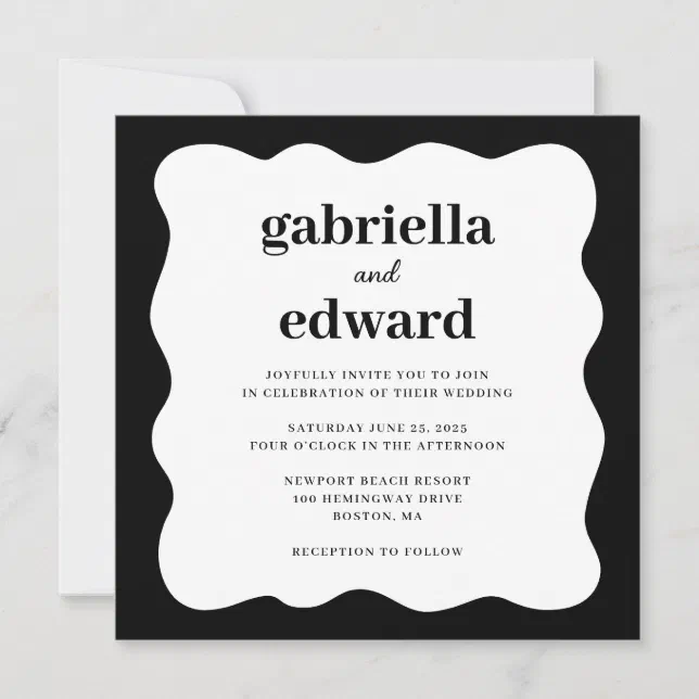 Modern Black White Wavy Border Wedding Invitation | Zazzle